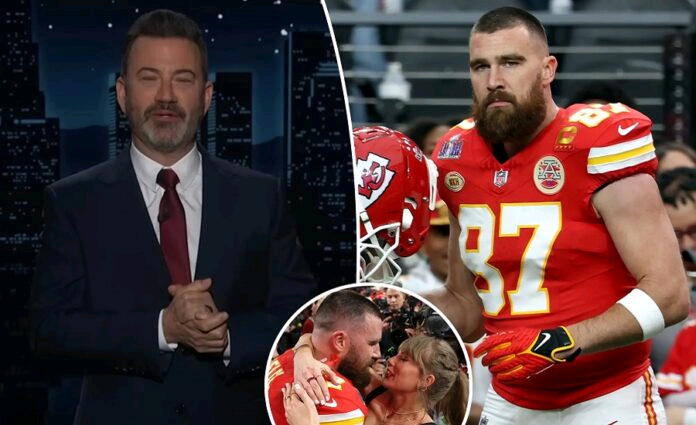 Congratulations to Travis Kelce,” Kimmel began in his show-opening monologue. “Travis Kelce ...